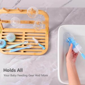 Eforwest Baby Bottle Countertop Drying Rack Bamboo,Space Saving Kitchen Drying Rack & Bottle Holder for Nipples, Cups, Pump Parts, Accessories, Reusable Ziplock and Freezer Bag Dryer Rack