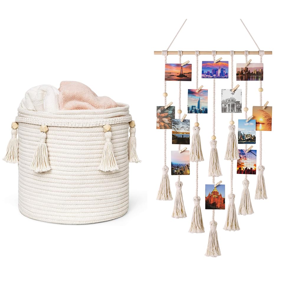 Mkono Macrame Decorative Cotton Rope Basket and Wall Hanging Photo Display with Light Boho Decor for Bedroom Living Room Apartment Office Dorm, Set of 2