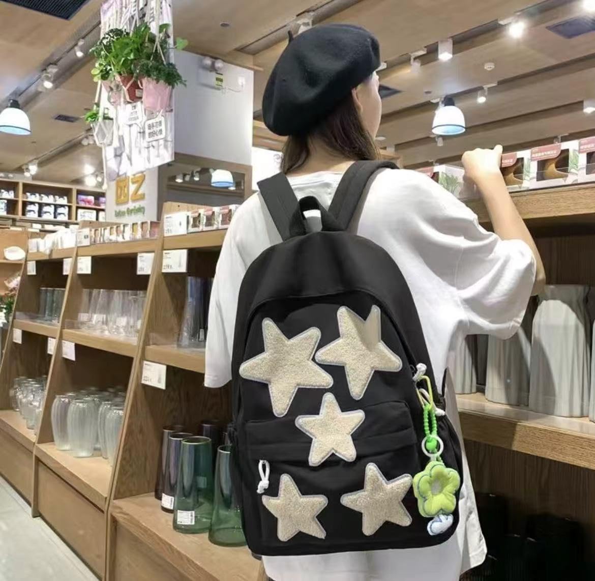 irLocy Star Backpack Y2K Backpack Preppy Backpack Aesthetic Backpack Kawaii Cute Back to College Preppy Y2K Accessories (black)