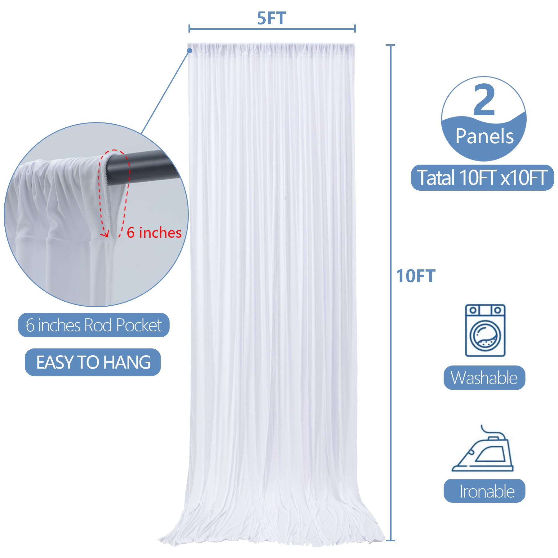 10x10ft White Backdrop Curtain for Parties Wrinkle Free Wedding Baby Shower Curtain Backdrops for Birthday Party Background Decorations White Fabric Drapes Photography Backdrop 5x10ft, 2 Panels