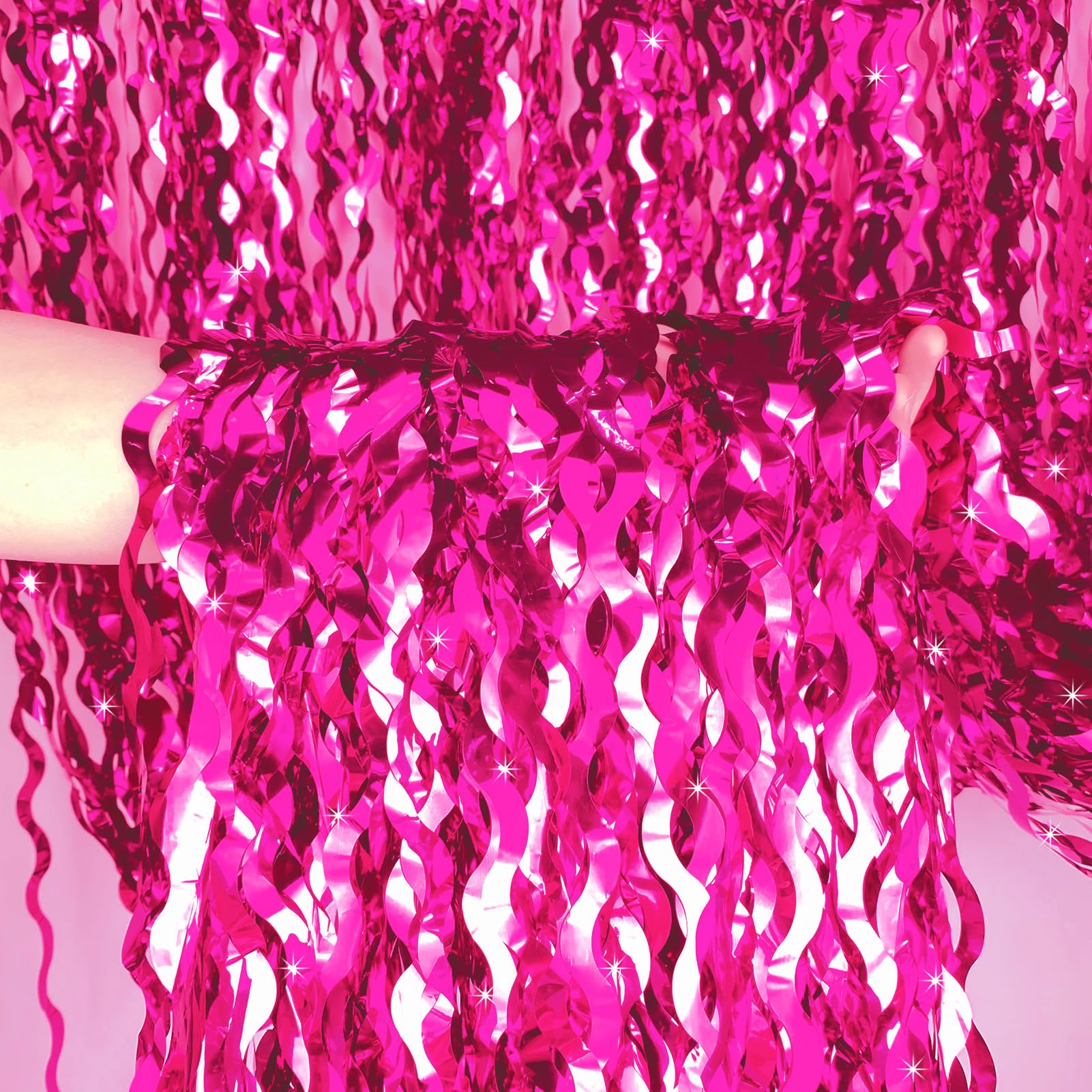 Rose Red Wavy Tinsel Foil Fringe Curtains Backdrop for Pink Princess Birthday Decorations,Cowgirl Bachelorette Party Decorations(3 Pack 3.2 ft x 6.6 ft)