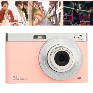 Compact Camera, 50MP Fill Light Portable Digital Camera, 2.88 Inch HD IPS Screen, 16X Zoom AntiShake for Travel (Pink)