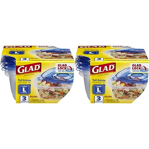 Glad GladWare Tall Entrée Food Storage Containers | Large Square Containers for Food Hold up to 42 Ounces of Food, 3 Count | Strong and Sturdy Large Food Storage Holders (Pack of 2)