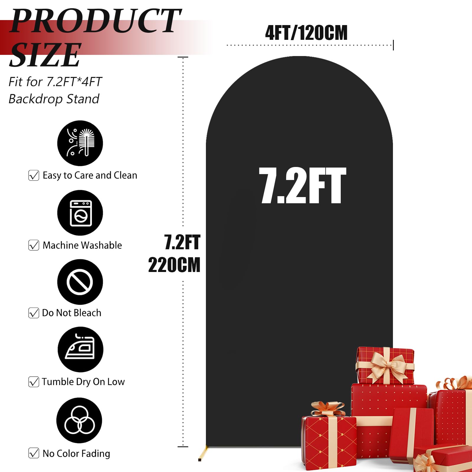 7.2FT Arch Backdrop Cover, Arch Stand Background Spandex Covers Fitted Round Top Wall Backdrop Stretchy Fabric for Wedding Ceremony Birthday Party Banquet Decoration Black