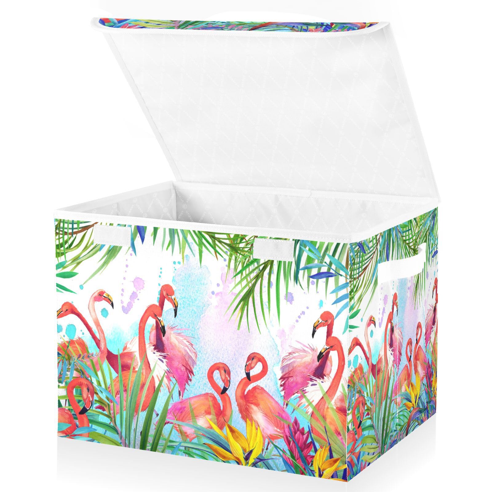 Wajiw Tropical Flamingo Storage Bins Foldable Large Cube Storage Box with Lids and Handles for Home Organizer Closet Office Decor 16.5x12.6x11.8 In