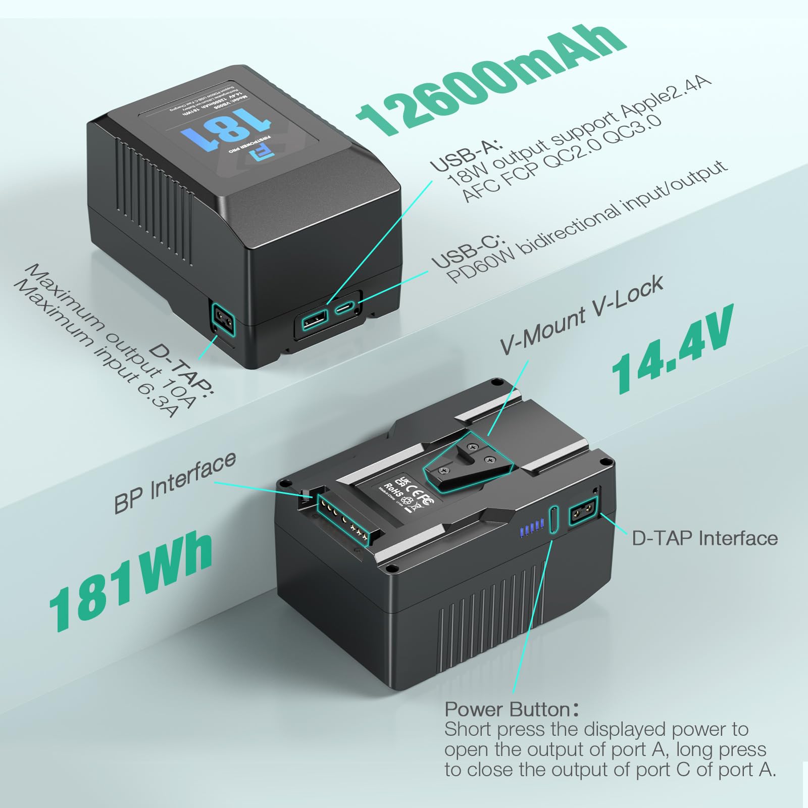 FirstPower V Mount/V-Lock Battery, 181Wh(12600mAh, 14.4V) V-Mount Battery Support PD 60W USB-C Fast Charger, with D-TAP, USB-A, USB-C Port, for Video Broadcast Camera Camcorder Monitor LED Light