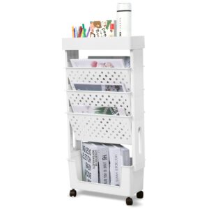 5-tier plastic mobile bookshelf with wheels, desk organizer document folder file storage with pen holder,rolling book cart movable bookshelf for office, dorm, classroom,library, living room (white)