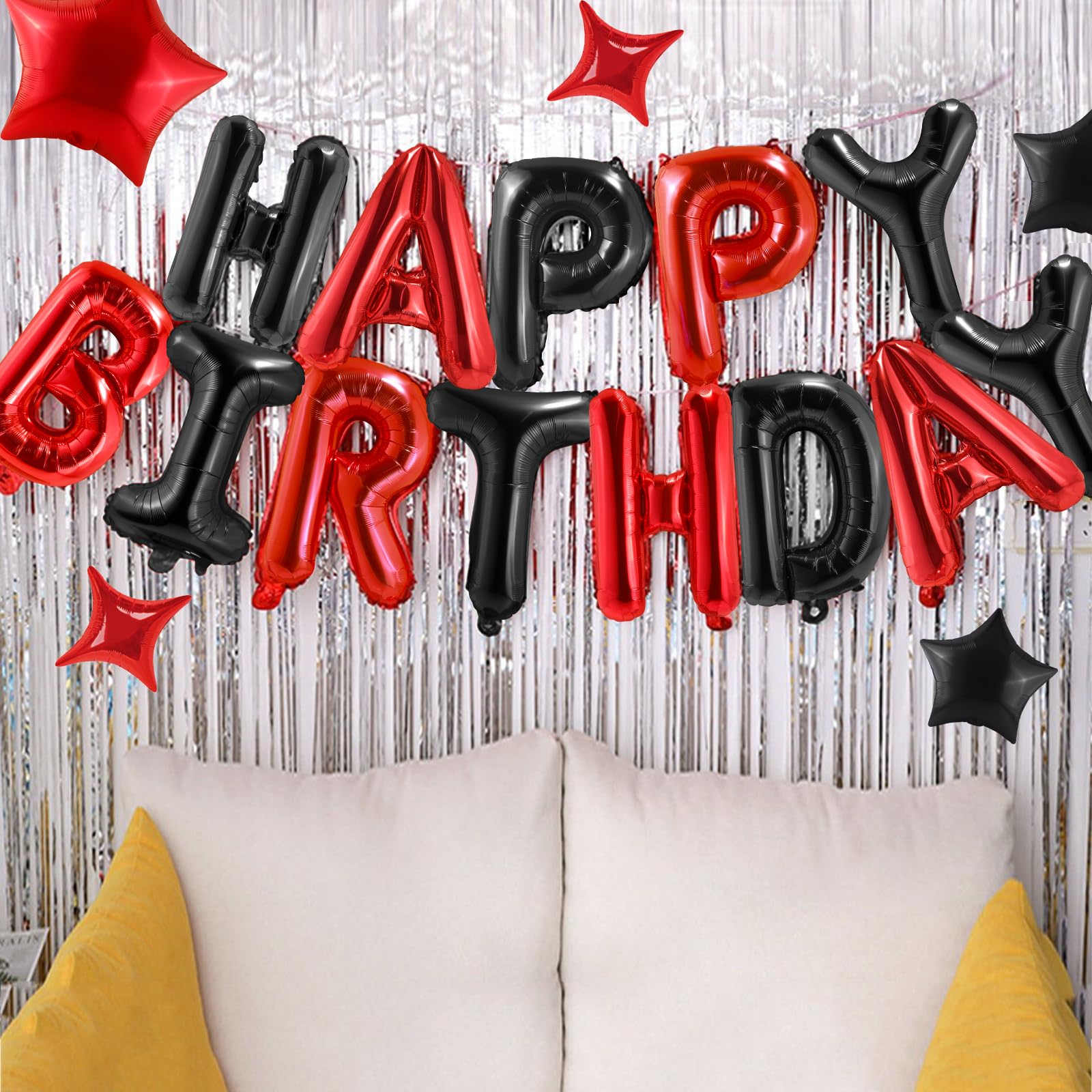 CANREVEL Happy Birthday Banner 13pcs 16 Inch Mylar Foil Letters with 12pcs Star Balloons Birthday Party Decorations for Kids and Adults - 3D Black Red