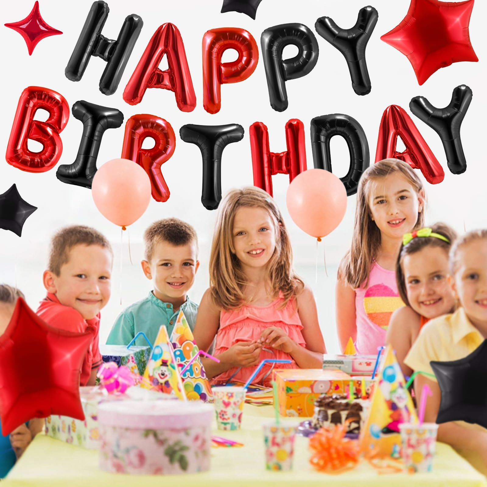 CANREVEL Happy Birthday Banner 13pcs 16 Inch Mylar Foil Letters with 12pcs Star Balloons Birthday Party Decorations for Kids and Adults - 3D Black Red