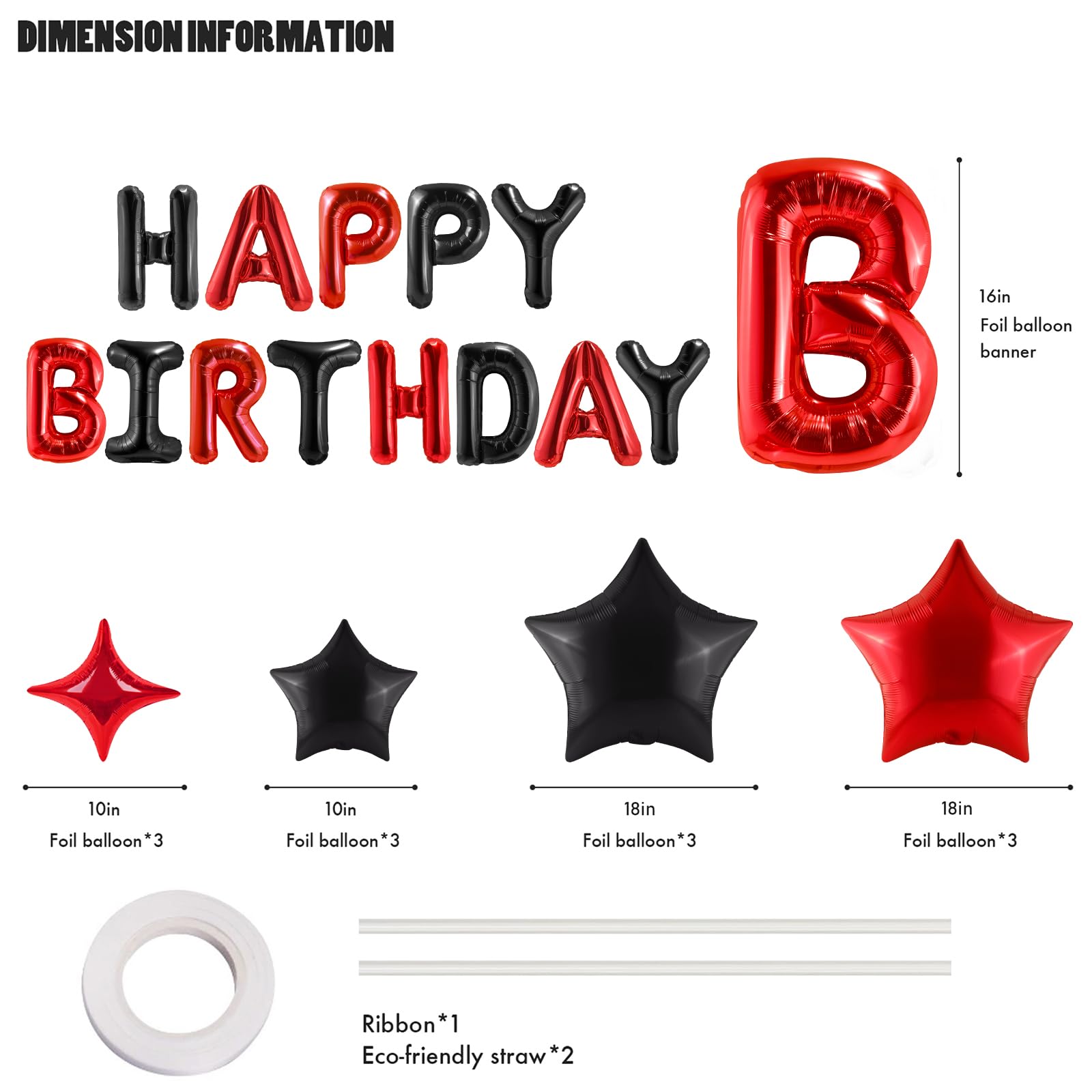 CANREVEL Happy Birthday Banner 13pcs 16 Inch Mylar Foil Letters with 12pcs Star Balloons Birthday Party Decorations for Kids and Adults - 3D Black Red