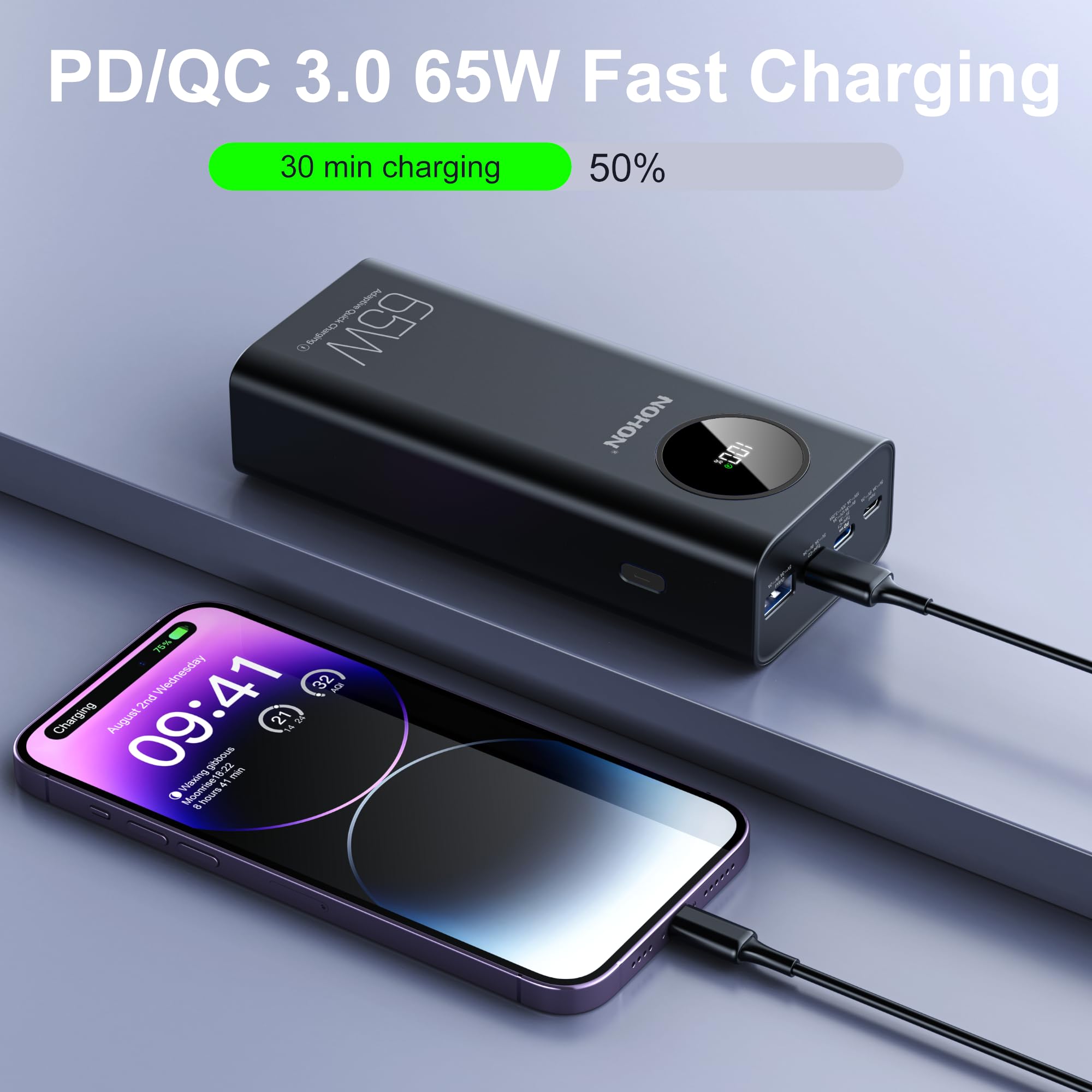 NOHON Power Bank 26800mAh Portable Charger: 65W Fast Charging USB C PD3.0 Battery Pack with LED Display | 4-Port Powerbank Compatible with iPhone 15 14 13 12 11 MacBook IPad AirPods Samsung S Series