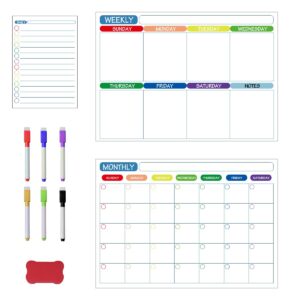 yardeen magnetic dry erase refrigerator calendar set (3-pack), monthly weekly calendar for refrigerator reusable planner board, 6 dry erase markers.