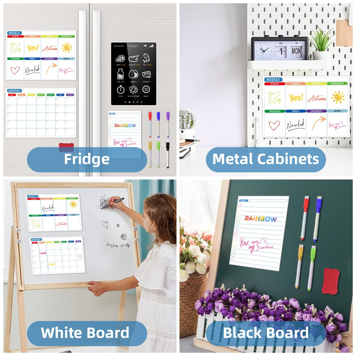 Yardeen Magnetic Dry Erase Refrigerator Calendar Set (3-Pack), Monthly Weekly Calendar for Refrigerator Reusable Planner Board, 6 Dry Erase Markers.