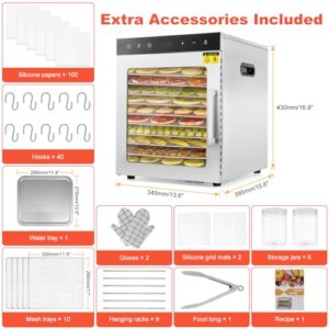 Hiteemer Food Dehydrator, 10 Stainless Steel Trays Dehydrators for Food and Jerky, Meat, Beef, Veggies, Fruits, 800W Dehydrated Dryer Machine with Hanger Hook, 24H Timer, Temperature Control, Recipe