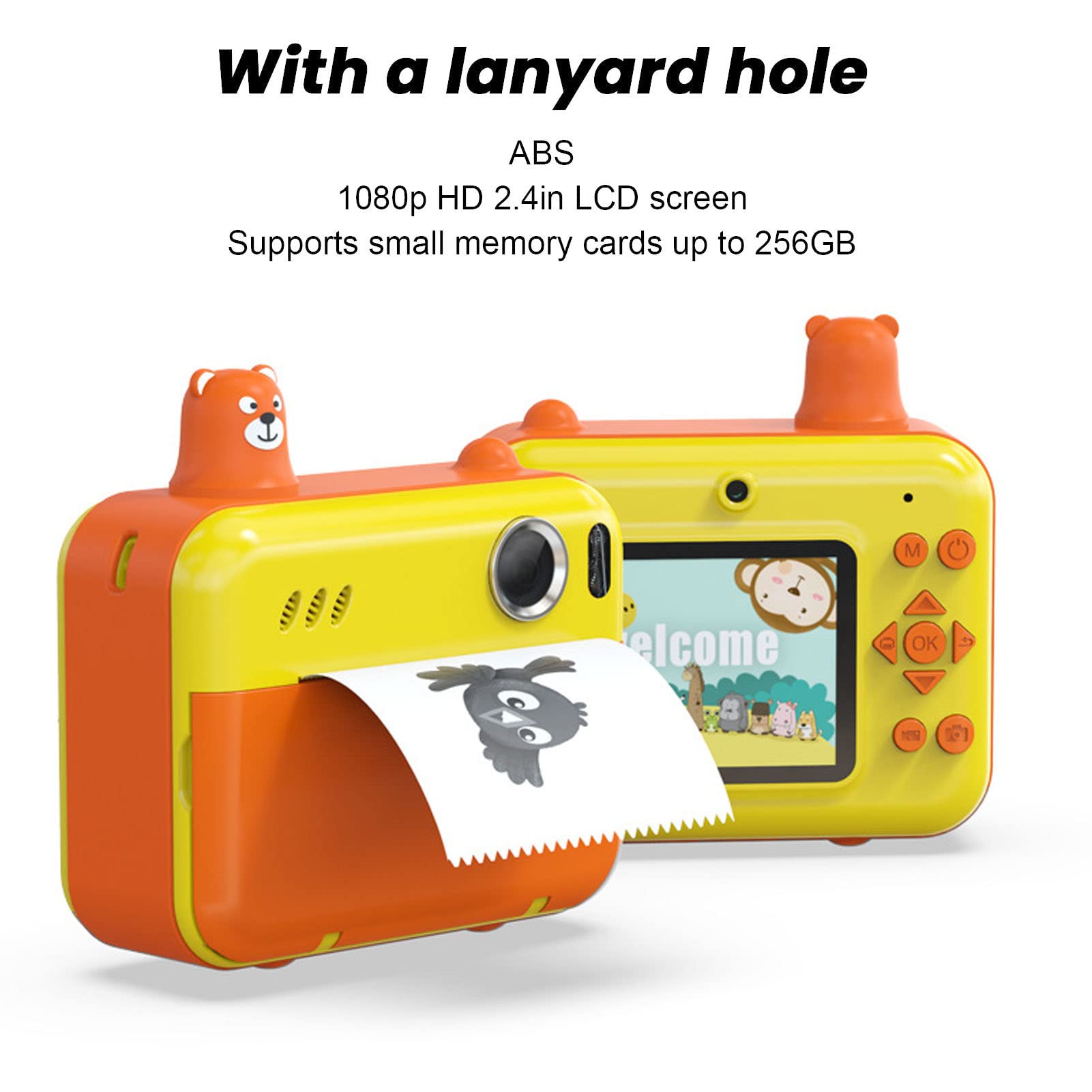 Camera for Kids, Child Selfie Camera Toy with 2.4in LCD Screen, Dual Lens HD 1080P Thermal Printing Camera with Lanyard Boys Girls (Yellow)