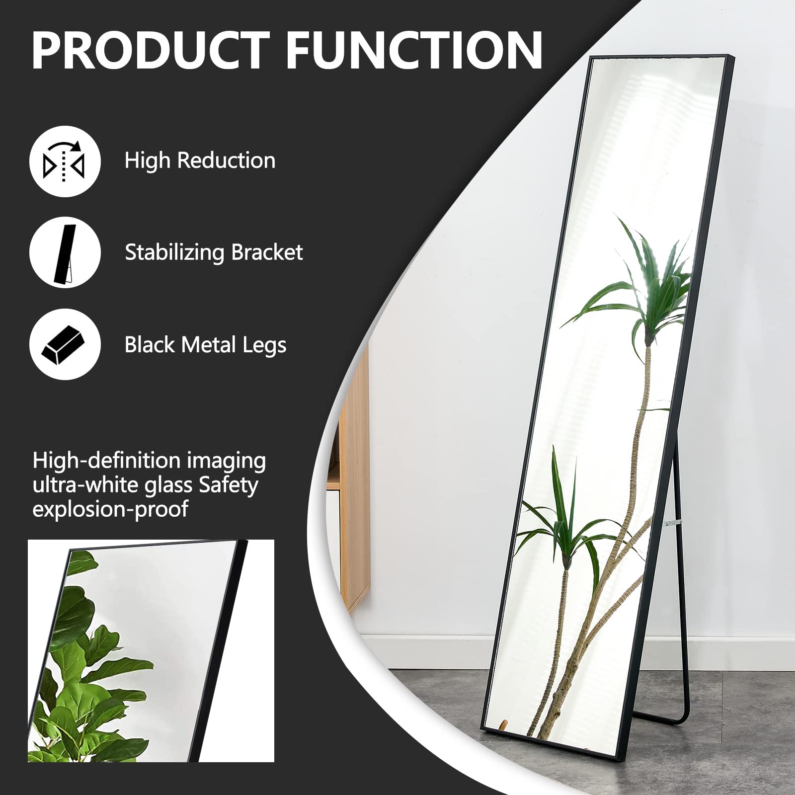 WIIS' IDEA 60"x17"Full Length Mirror,Durable Solid Wood Frame,Explosion-Proof Film,High-Definition Full Body Mirror,Standing/Leaning/Hanging Long Mirror for Bedroom,Bathroom,Living Room(Black)