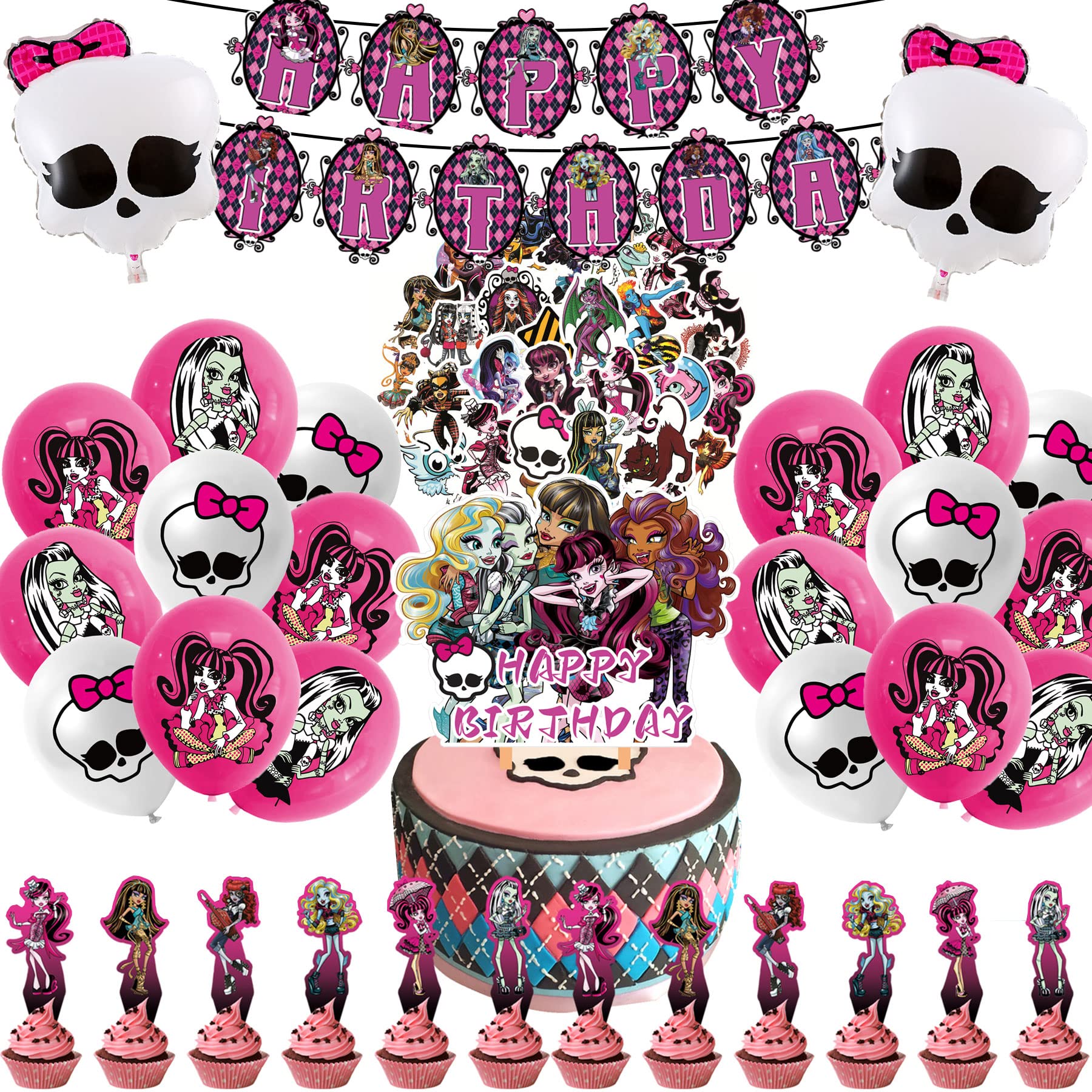 Monster Birthday Party Supplies 84PCS High Dolls Theme Party Decorations including Stickers Banner Cake Topper Balloons Cupcake Toppers