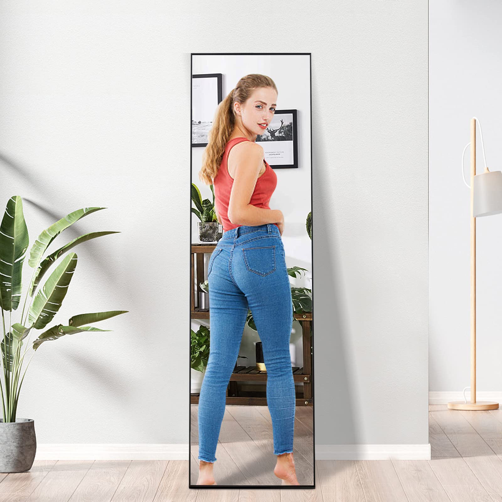 WIIS' IDEA 60"x17"Full Length Mirror,Durable Solid Wood Frame,Explosion-Proof Film,High-Definition Full Body Mirror,Standing/Leaning/Hanging Long Mirror for Bedroom,Bathroom,Living Room(Black)