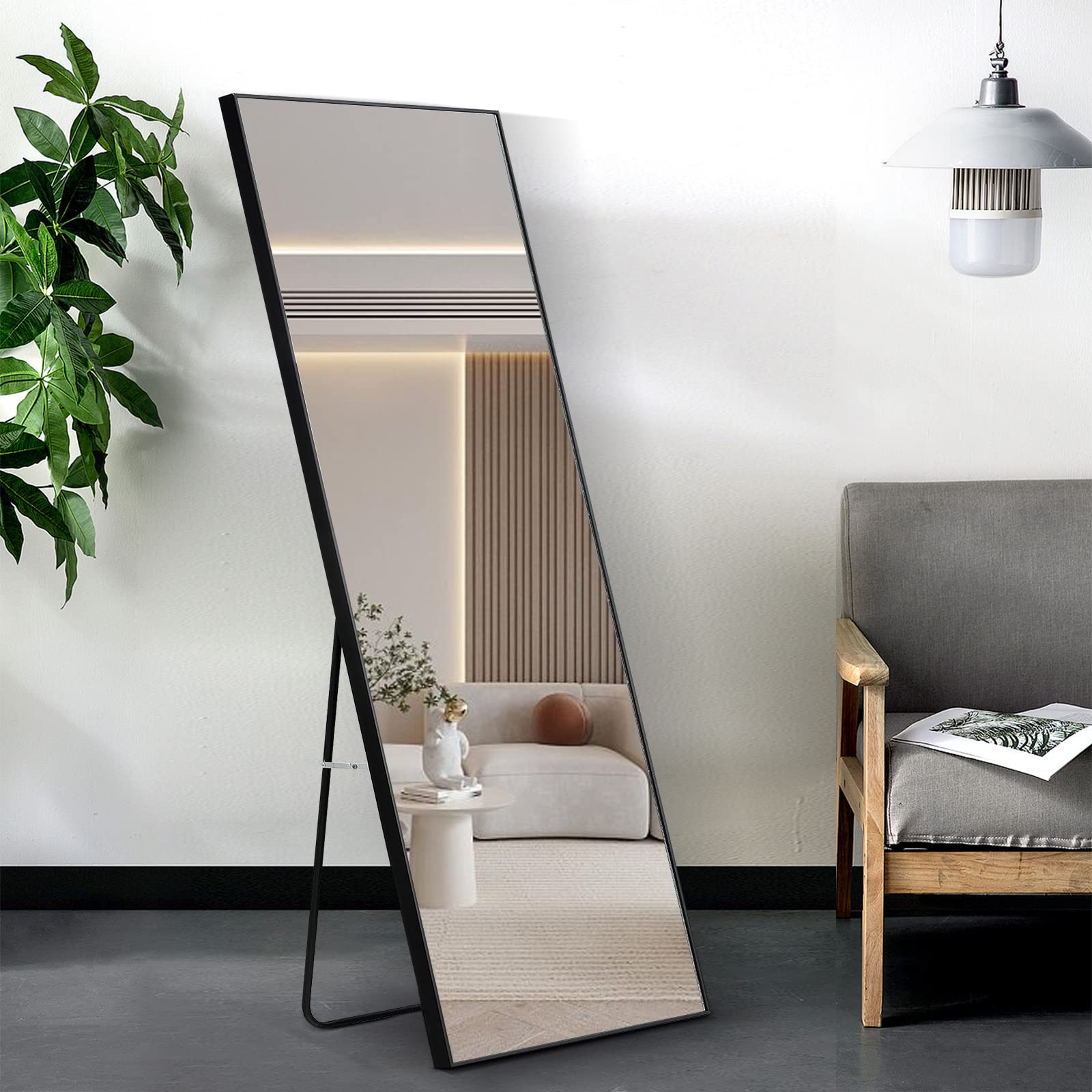 WIIS' IDEA 60"x17"Full Length Mirror,Durable Solid Wood Frame,Explosion-Proof Film,High-Definition Full Body Mirror,Standing/Leaning/Hanging Long Mirror for Bedroom,Bathroom,Living Room(Black)