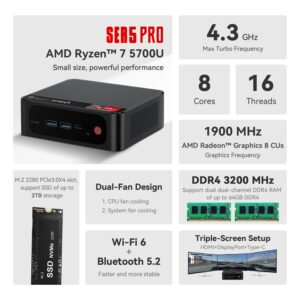 Beelink SER5 Mini PC, AMD Ryzen 7 5700U(8C/16T up to 4.3GHz),16GB DDR4 500GB NVME SSD WiFi 6/BT5.2/HDMI+Type-C+DP Triple Display Mini Office Business Gaming Computer