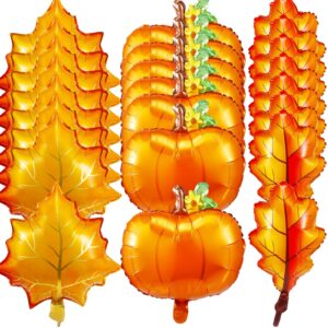 liliful 30 pcs thanksgiving balloons decorations large fall foil balloons pumpkin balloons orange maple leaf balloons for autumn harvest festival party decoration birthday baby shower party supplies