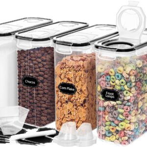 Skroam 4PCS Cereal Containers Storage [4L/135.2 oz], Airtight Food Storage Containers with Pour Spout for Kitchen & Pantry Organization Storage, Plastic Cereal Dispensers, Measuring Cup & 20 Labels