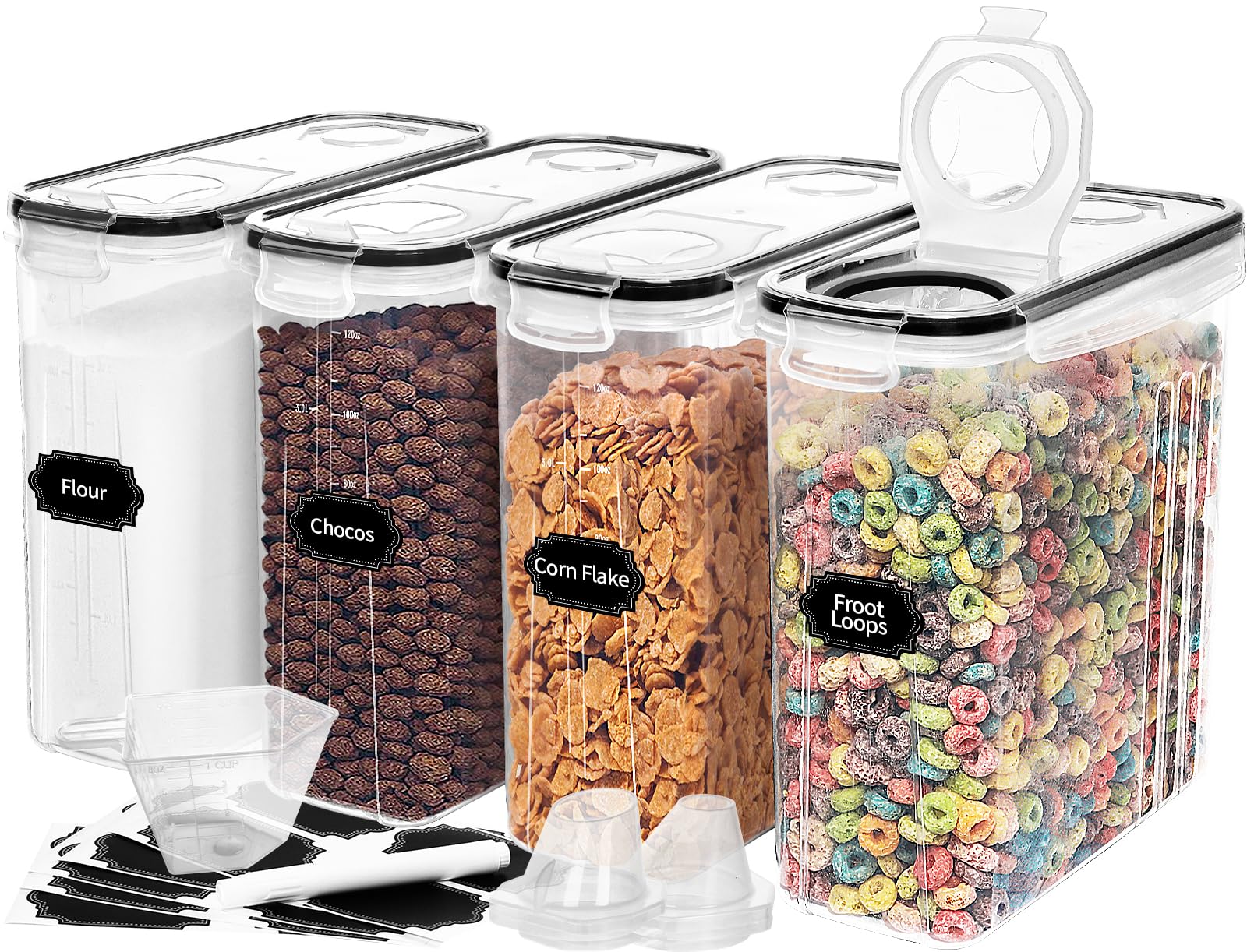 Skroam 4PCS Cereal Containers Storage [4L/135.2 oz], Airtight Food Storage Containers with Pour Spout for Kitchen & Pantry Organization Storage, Plastic Cereal Dispensers, Measuring Cup & 20 Labels