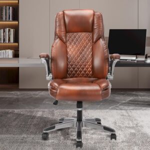 REFICCER Brown Leather Office Chair with Flip up Arms, Ergonomic Executive Office Chairs with Wheels, 90-120° Rocking High Back Office Desk Chair with Lumbar Support, Swivel Task Chairs