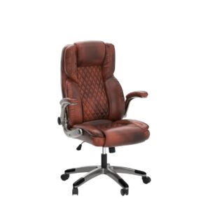 REFICCER Brown Leather Office Chair with Flip up Arms, Ergonomic Executive Office Chairs with Wheels, 90-120° Rocking High Back Office Desk Chair with Lumbar Support, Swivel Task Chairs