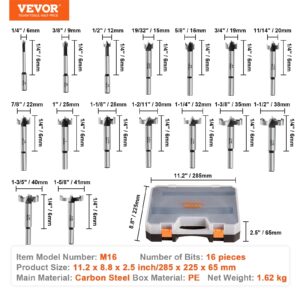 VEVOR Forstner Bit Set, 16 Pcs Forstner Drill Bits Set, 1/4" to 1-5/8", Carbon Steel, with Universal Round Shank, Forstner Drill Bit for Wood and Composite Board, Forstner Bits for Woodworking