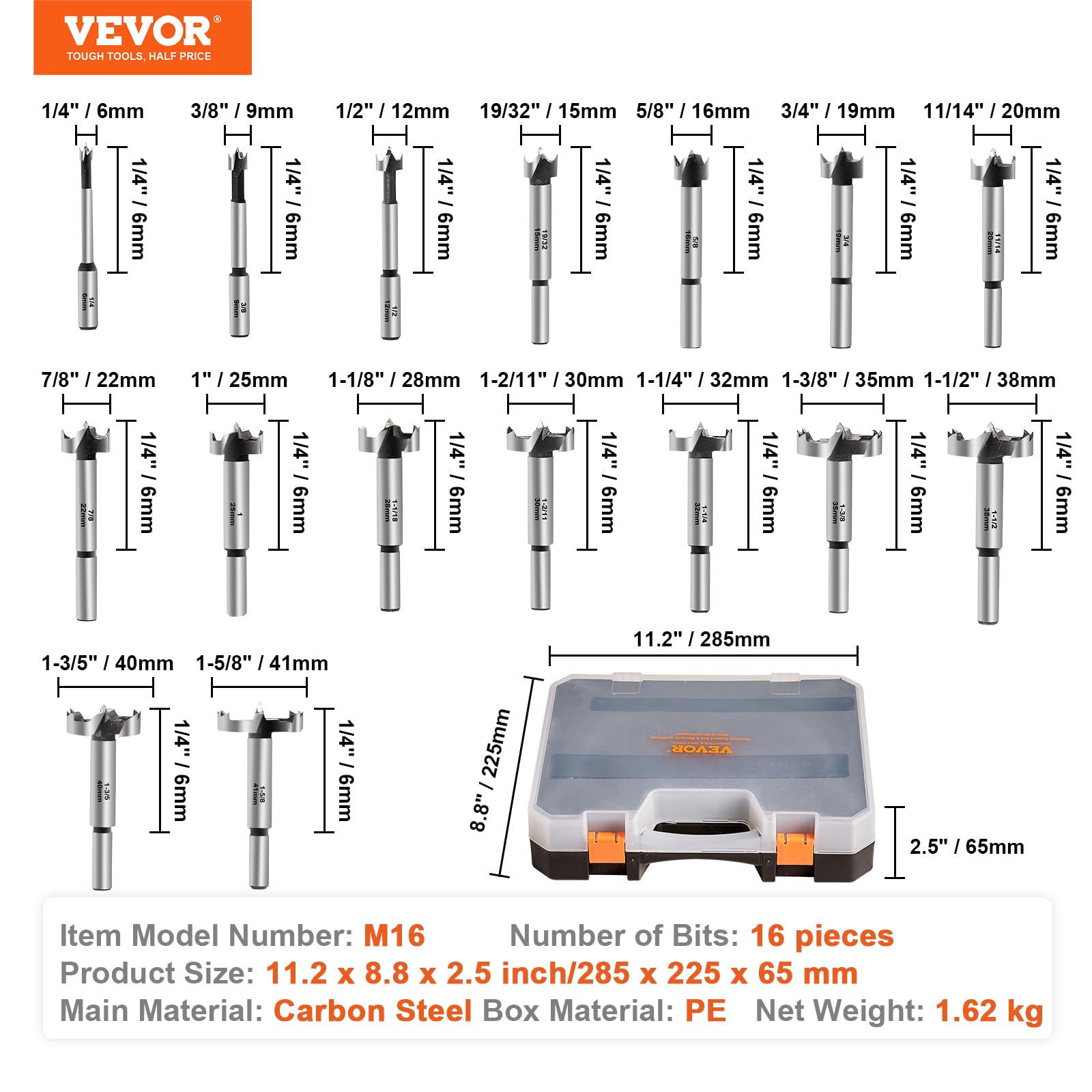 VEVOR Forstner Bit Set, 16 Pcs Forstner Drill Bits Set, 1/4" to 1-5/8", Carbon Steel, with Universal Round Shank, Forstner Drill Bit for Wood and Composite Board, Forstner Bits for Woodworking