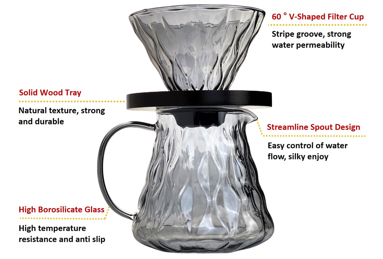 HYAXGM Pour Over Coffee Maker, 20oz/600ML Glass Carafe with Glass Coffee V60 Paper Filter 100 Sheets，Glass Pour Over Coffee Dripper With Wooden Base Stand，Drip Coffee Maker Set for Home or Office