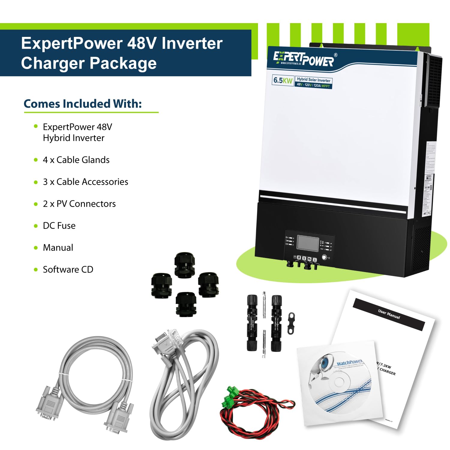 ExpertPower 6500W 48V - 120V Hybrid Solar Inverter | 120A MPPT Solar Controller | 120V / 240V Split Phase (2 Units Needed) | Max. 39KW Parallel | UL1741 | WiFi | Home, Cabin, Off-Grid Solar System