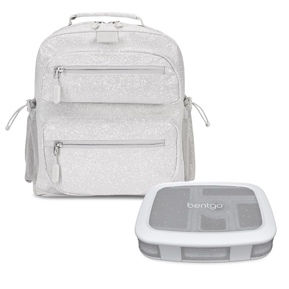 Bentgo® Kids 5-Compartment Lunch Box Set With Lightweight 14” Kids Backpack (Glitter Edition - Silver)