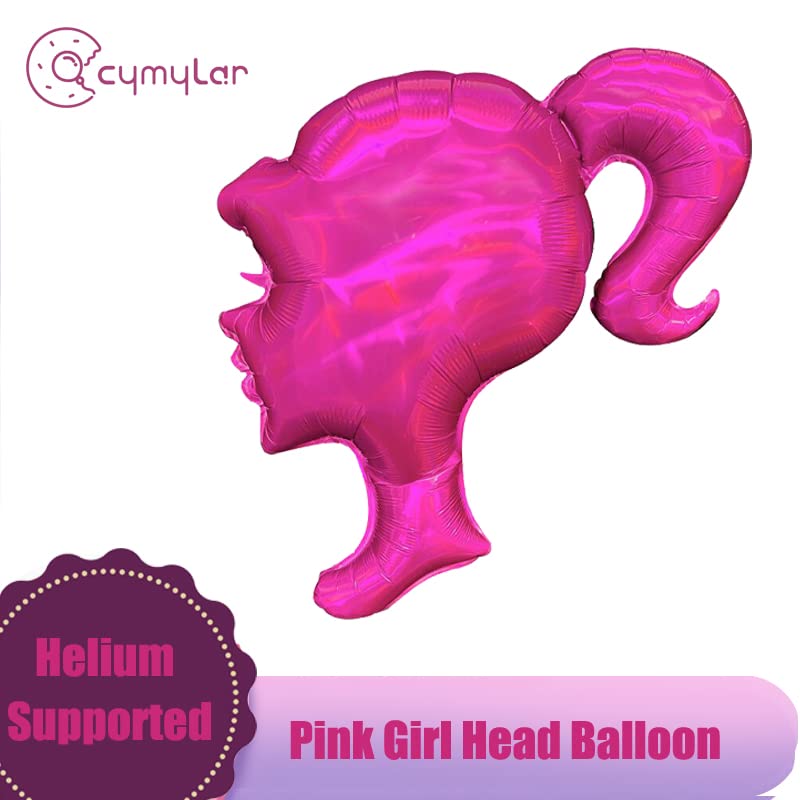 CYMYLAR 2Pcs Pink Girls Head Balloons, 28in, 224in, 1 Roll 32ft Balloon Ribbon for Birthday Party Decorations