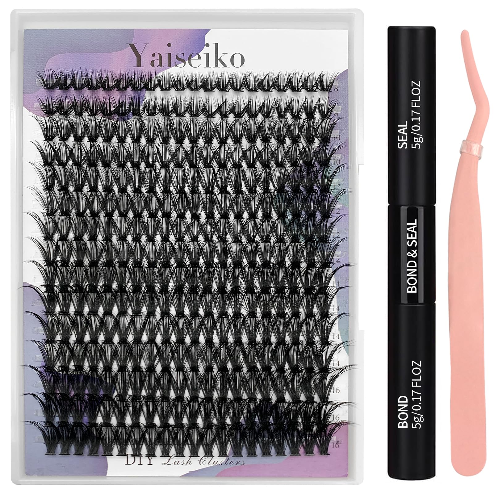 Lash Extension Kit 50D Fluffy Cluster Eyelash Extensions Kit 300 Pcs DIY Individual Lashes Kit with Lash Bond and Seal and Lashes Tweezers 8-16mm Mix D Curl Wispy False Eyelashes Pack, by Yaiseiko