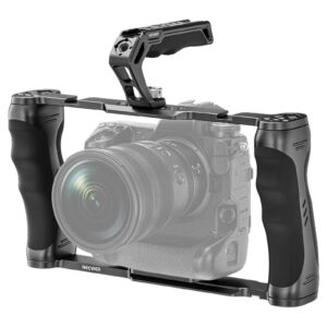 neewer universal camera cage & top handle with 3/8" arri locating pins kit, video rig camera stabilizer with arca type base, dual handgrips, compatible with smallrig accessories, ca016t