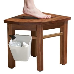 lovitgo 12'' teak shower stool for shaving legs, corner shower stool for inside shower, waterproof teak shower bench for bathroom, small wood shower stool for foot rest, indoor or outdoor use