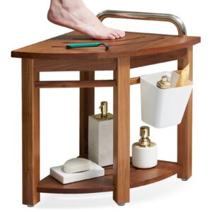 lovitgo 19'' teak shower bench with handle, corner shower stool for shaving legs, shower bench stool for inside shower, waterproof teak wood shower seat for bathroom, indoor or outdoor use