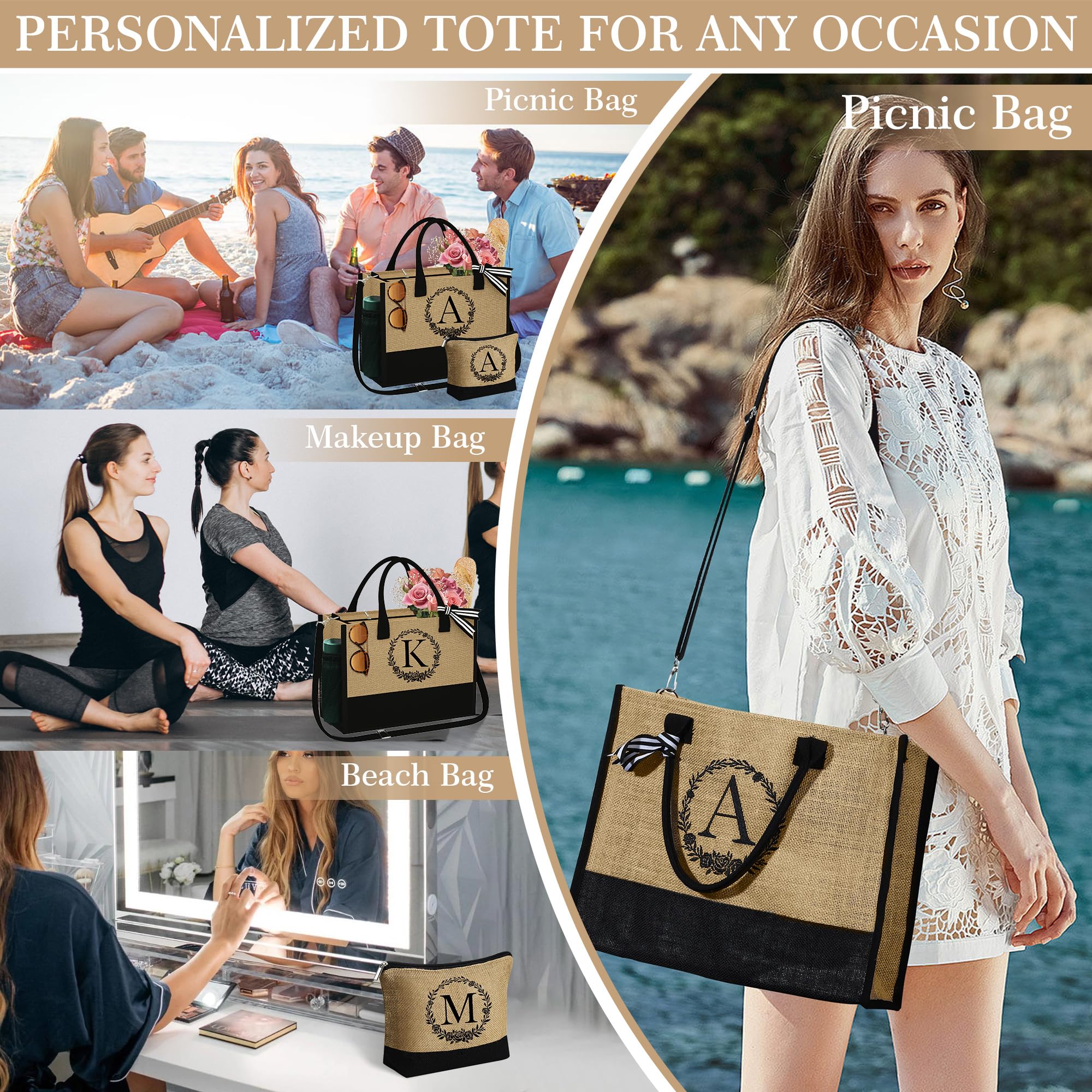 YOOLIFE Valentines Day Gifts for Girlfriend - Initial Jute Beach Tote Bag Travel Bag, Party Favors Personalized Birthday Gifts for Women Mom Friend Female Sister Bridesmaid Proposal Bag Gift Idea A