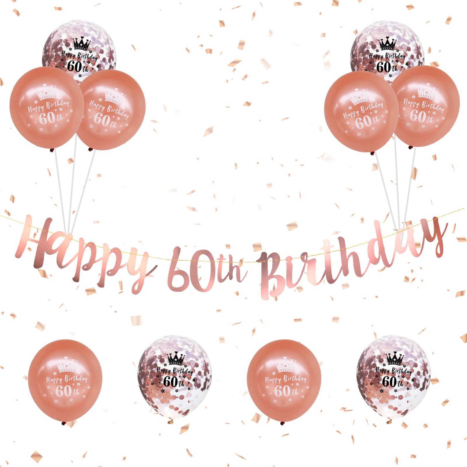 Happy 60th Birthday Banners Women, Rose Gold 60th Birthday Decorations Kit with Happy 60th Birthday Banner Bunting 12Inch Happy 60th Birthday Confetti Balloons for 60th Birthday Party Supplies