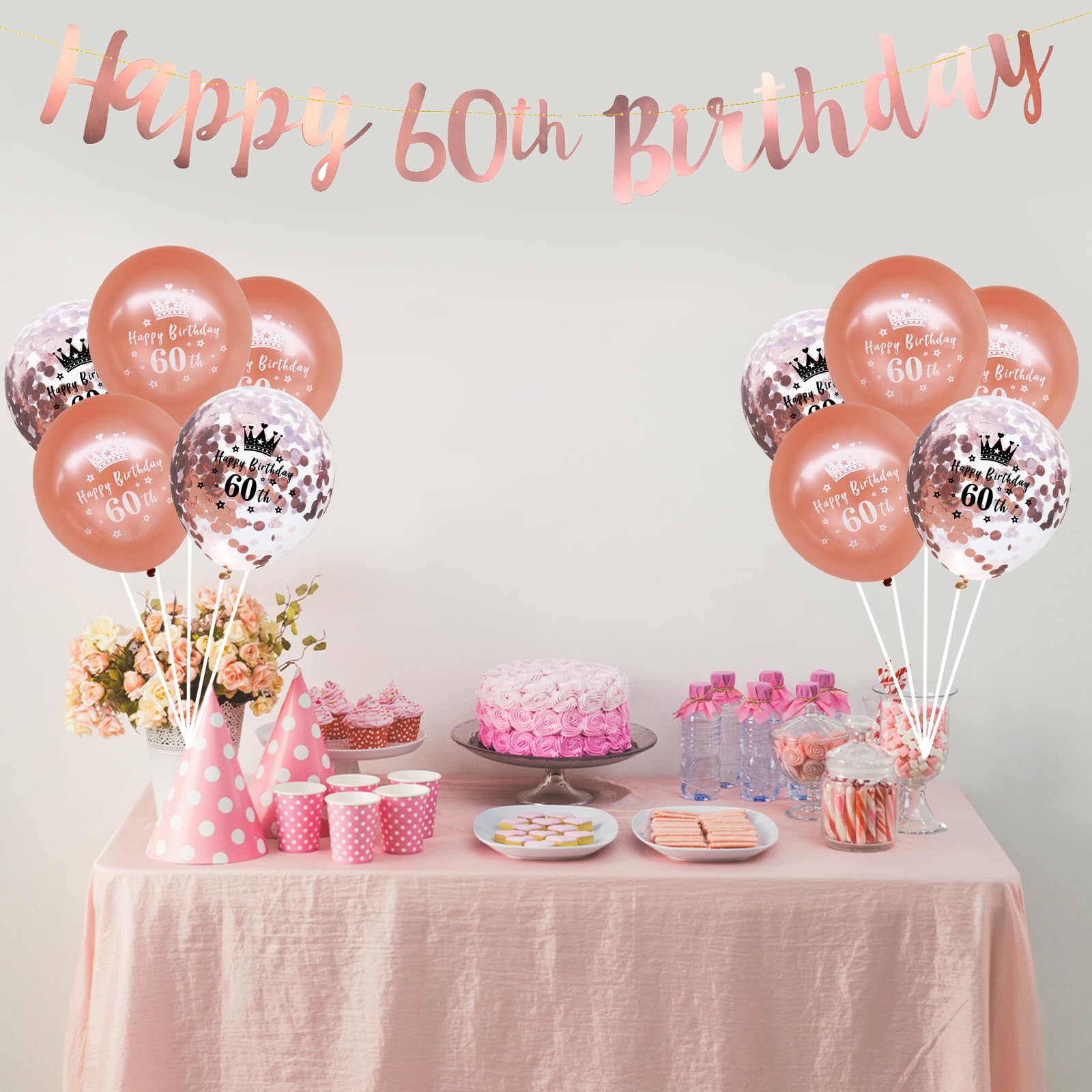 Happy 60th Birthday Banners Women, Rose Gold 60th Birthday Decorations Kit with Happy 60th Birthday Banner Bunting 12Inch Happy 60th Birthday Confetti Balloons for 60th Birthday Party Supplies