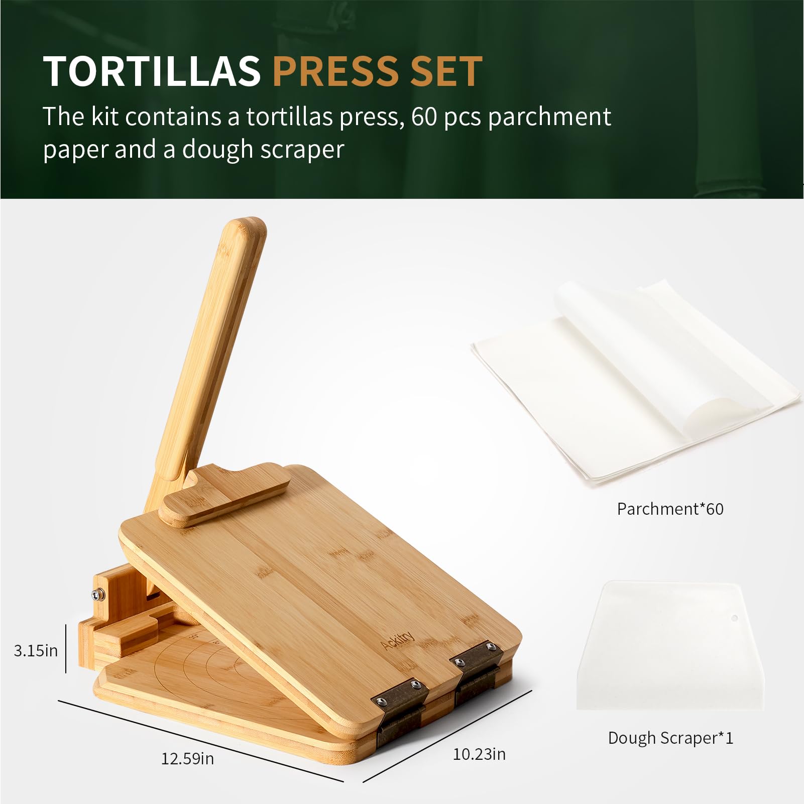 Ackitry Bamboo Tortilla Press 10 Inch, Square Tortilla Maker with 60 PCS Parchment Paper and Dough Scraper, Mexican Tortillera Presser for Homemade Tortillera, Pataconera, and Dough Press (4.5”- 10")