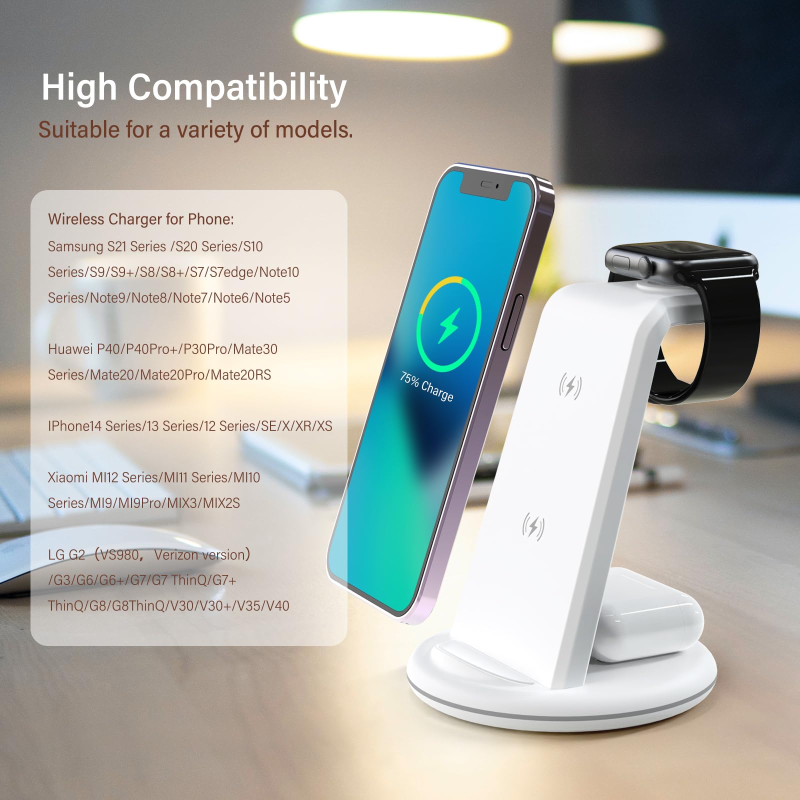 3 in 1 Wireless Charger for iPhone, Fast Charger Stand Dock for Multiple Devices, Wireless Charging Station for iPhone 14/13/12/SE/X/XR/XS, iWatch Series 8/7/6/5/4, AirPods 3/2/Pro, and More