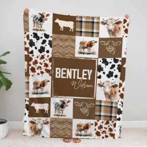 Cow Baby Blankets, Baby Western Stuff, Cowboy Baby Blanket with Name, Personalized Baby Blankets for Boys Girls, Custom Name Baby Blankets, Cow Prints Swaddle Blanket for Crib Stroller Travel Bed