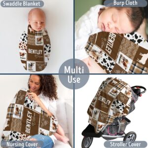 Cow Baby Blankets, Baby Western Stuff, Cowboy Baby Blanket with Name, Personalized Baby Blankets for Boys Girls, Custom Name Baby Blankets, Cow Prints Swaddle Blanket for Crib Stroller Travel Bed