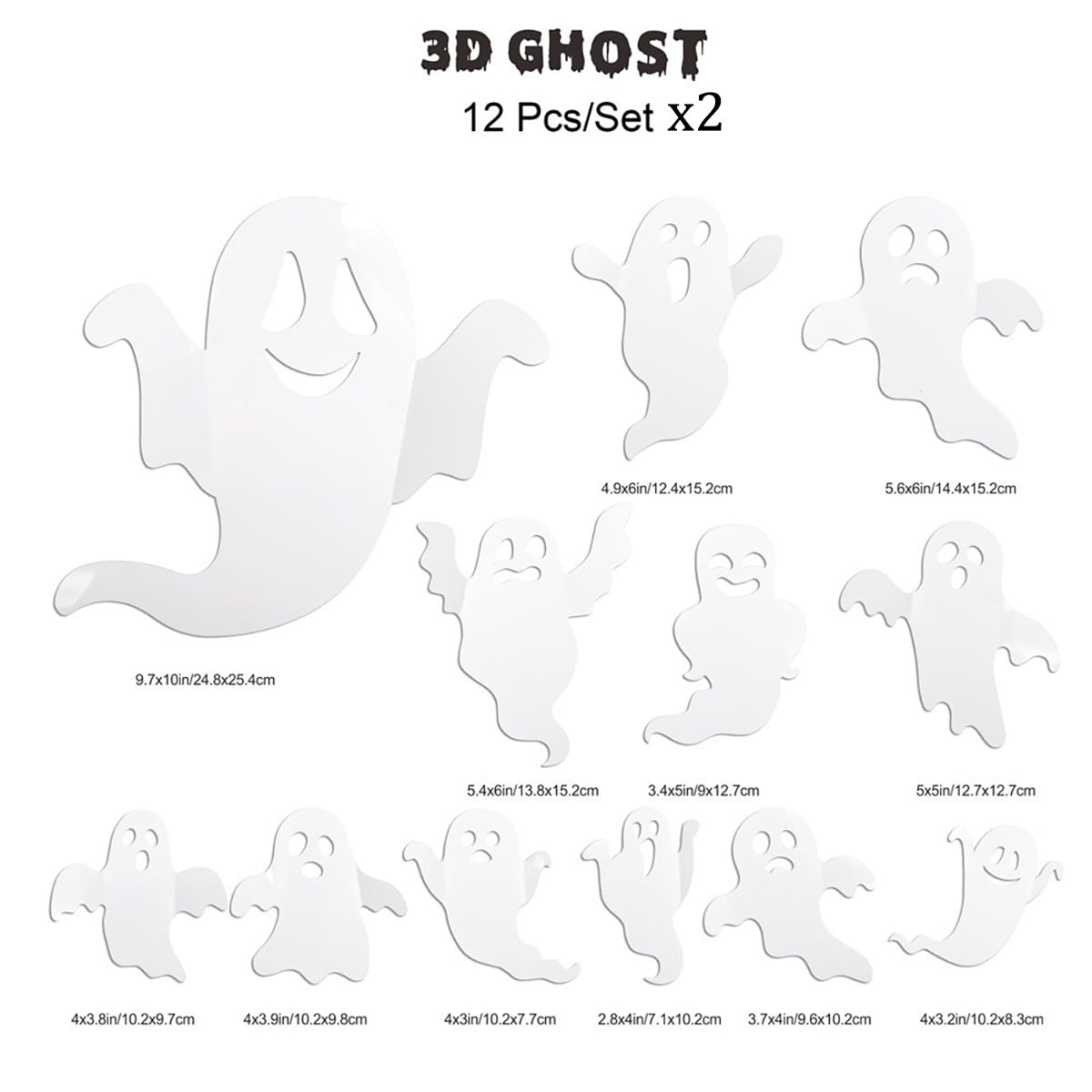 Halloween Ghost Wall Decor 24 Pcs 3D Cute Ghost Stickers Set Halloween Decorations Reusable Self-Adhesive White Ghost Wall Decals Halloween Party Supplies for Gothic Home Window Door Wall Room Decor