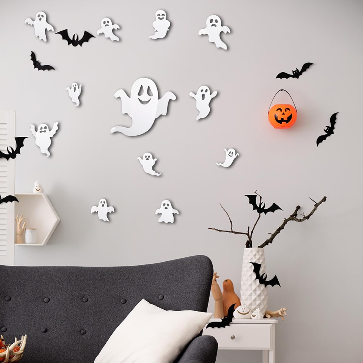 Halloween Ghost Wall Decor 24 Pcs 3D Cute Ghost Stickers Set Halloween Decorations Reusable Self-Adhesive White Ghost Wall Decals Halloween Party Supplies for Gothic Home Window Door Wall Room Decor