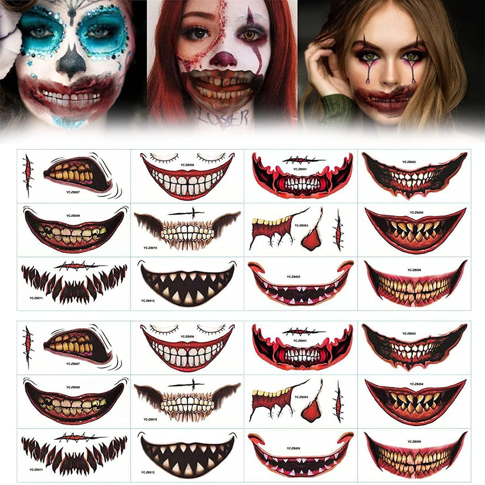 Halloween Prank Makeup Temporary Tattoo, Halloween Role Play Decorative Big Mouth Face Tattoo Decal Kit, Halloween Cosplay Party DIY Decorations (A SET)