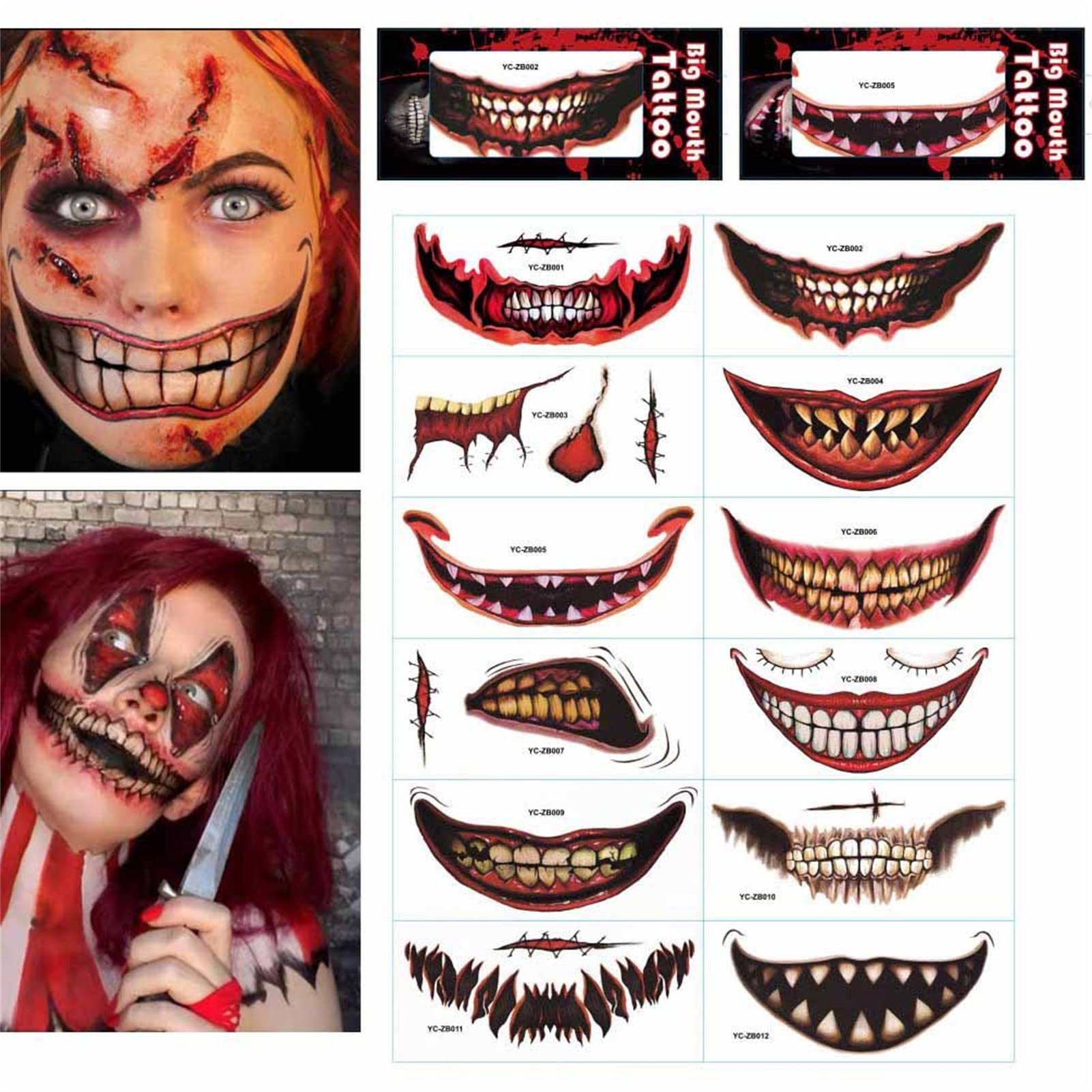 Halloween Prank Makeup Temporary Tattoo, Halloween Role Play Decorative Big Mouth Face Tattoo Decal Kit, Halloween Cosplay Party DIY Decorations (A SET)